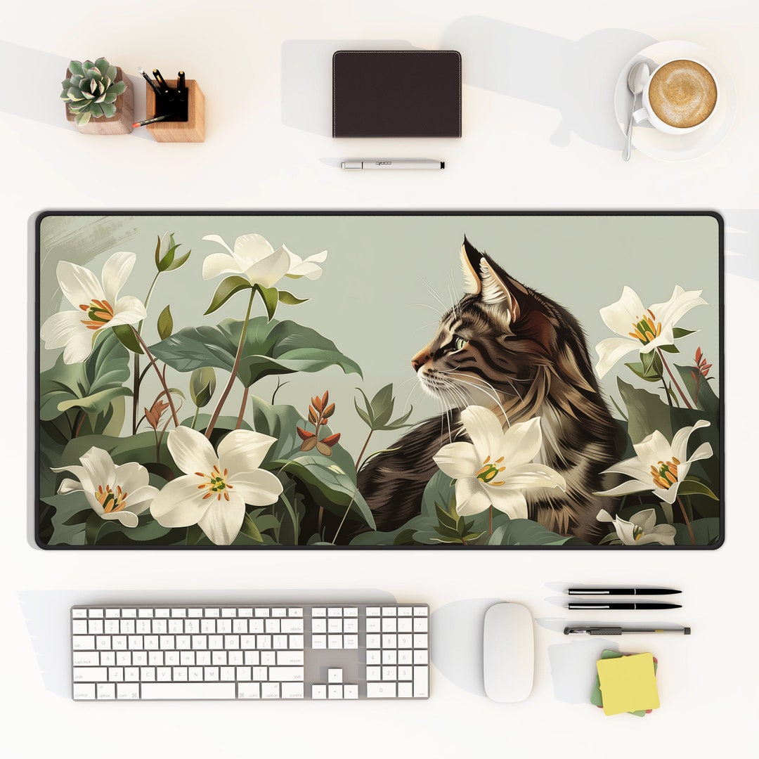 Cute Cat Desk Mat in Trillium Garden Illustration Keyboard Mouse Pad ...