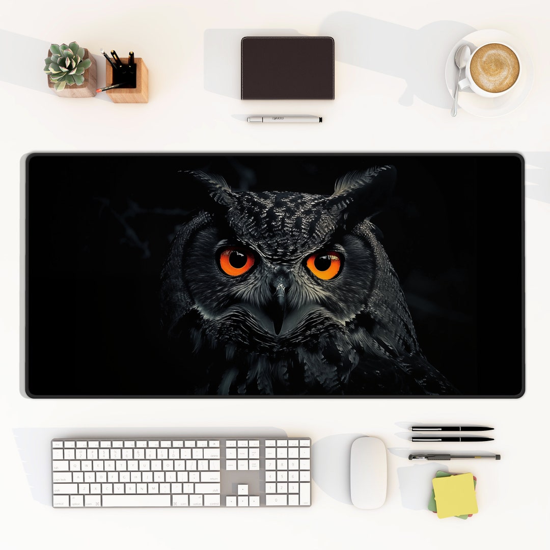 Intense Black Night Owl Desk Mat, Digital Art Aesthetic Large Keyboard ...