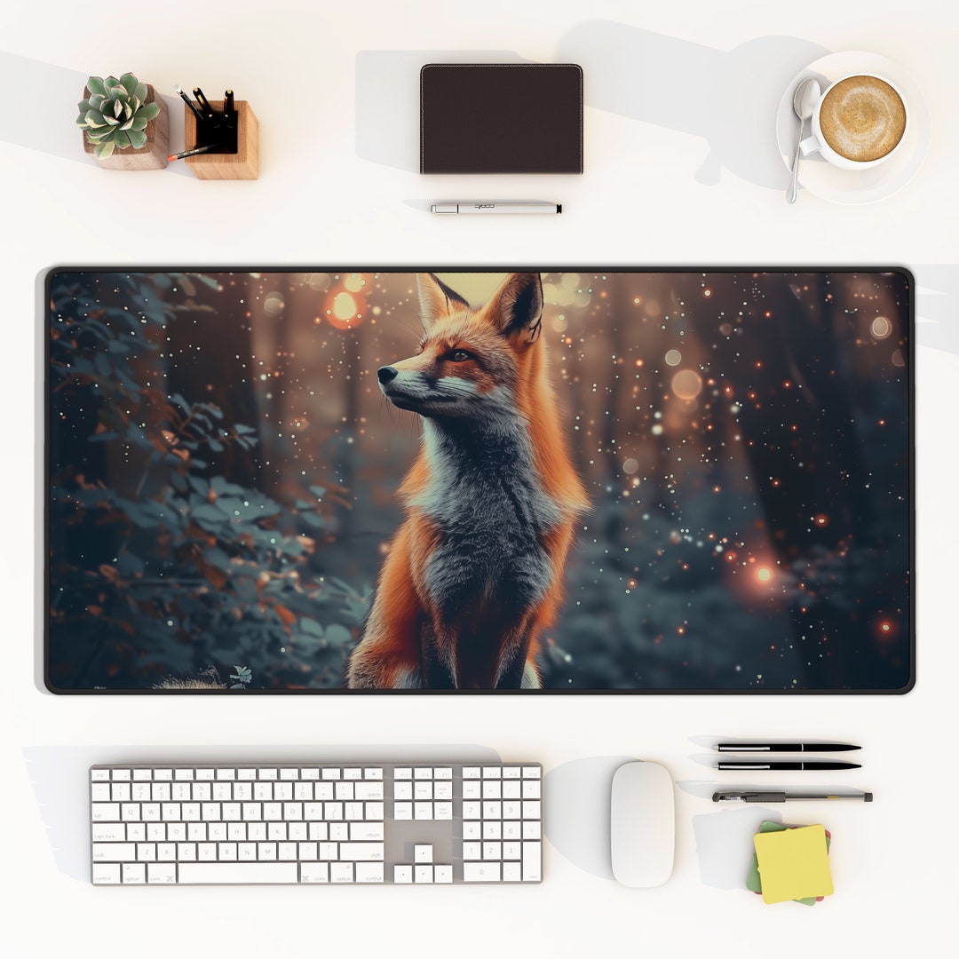 Enchanted Fox in Illuminated Forest Desk Mat, Aesthetic Large Keyboard ...