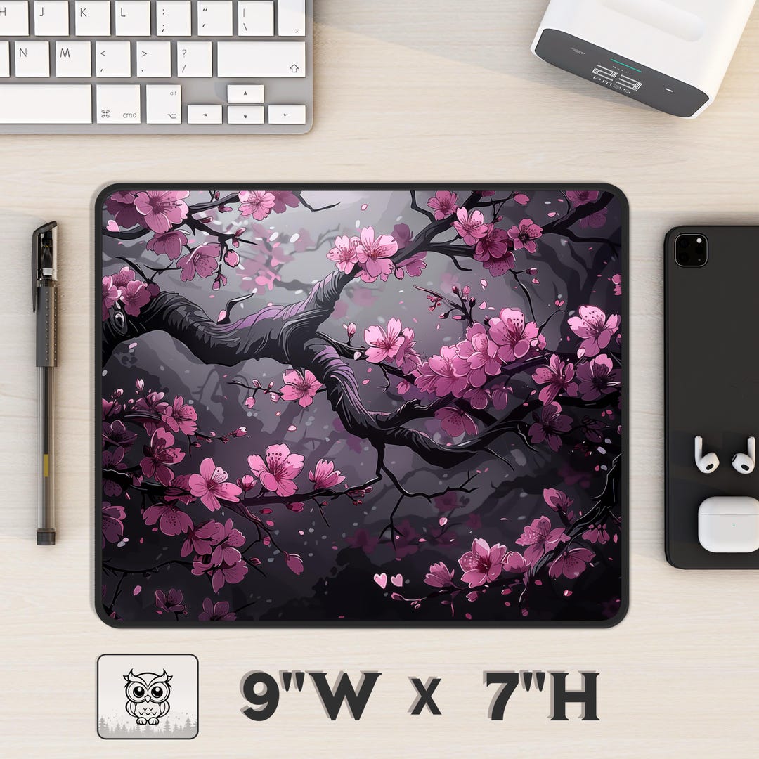 Japanese Cherry Blossom Pink on Black Mouse Pad, Aesthetic Mousepad ...