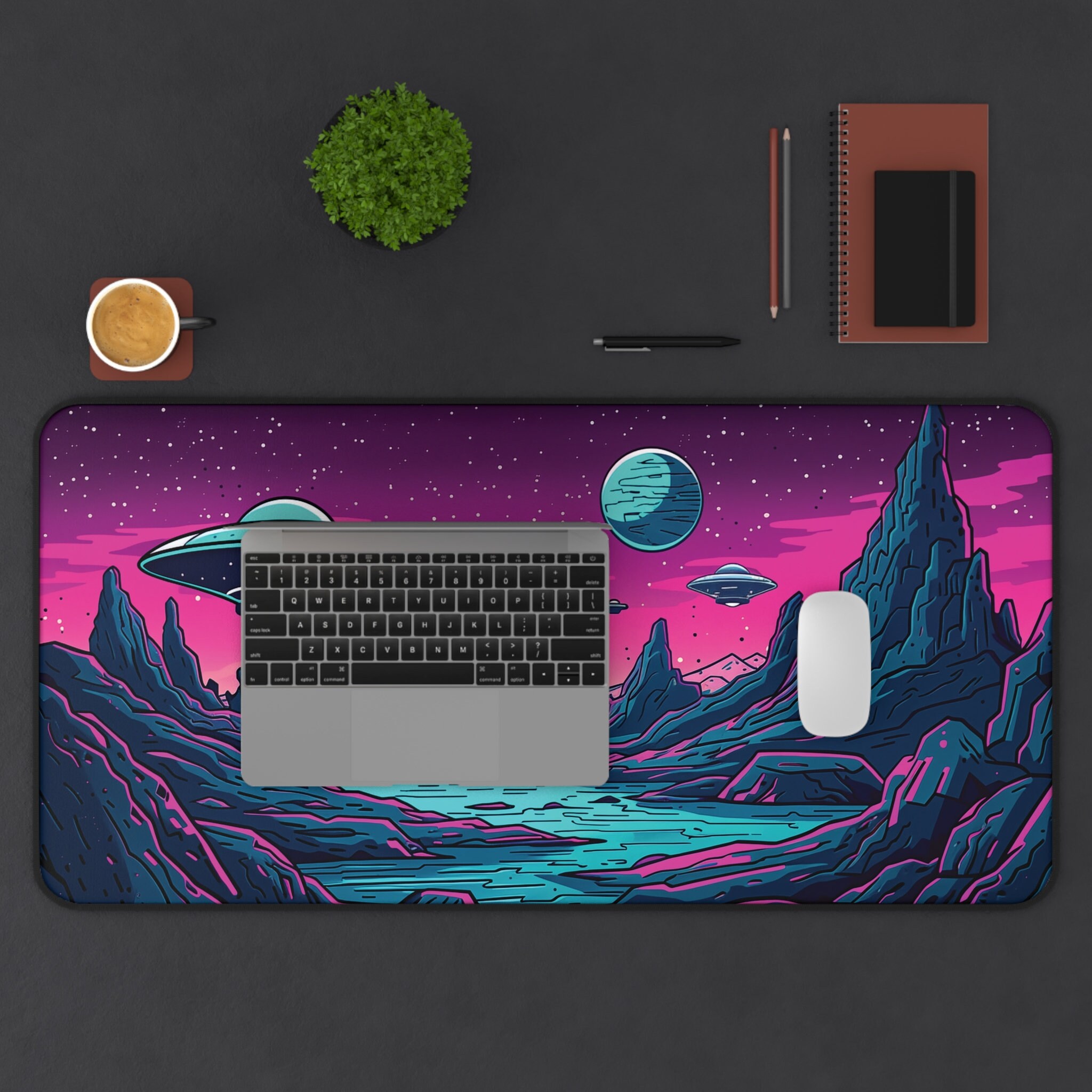 UFO Desk Mat Comic Style Space Ufos Landing on Mars Keyboard Mouse Pad ...