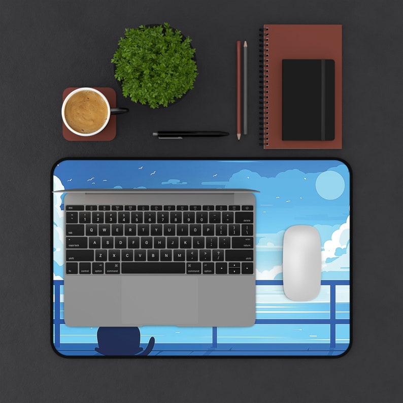 Desk Mat Cute Black Cat Anime Inspired Blue Sky Keyboard Mouse Pad Art ...