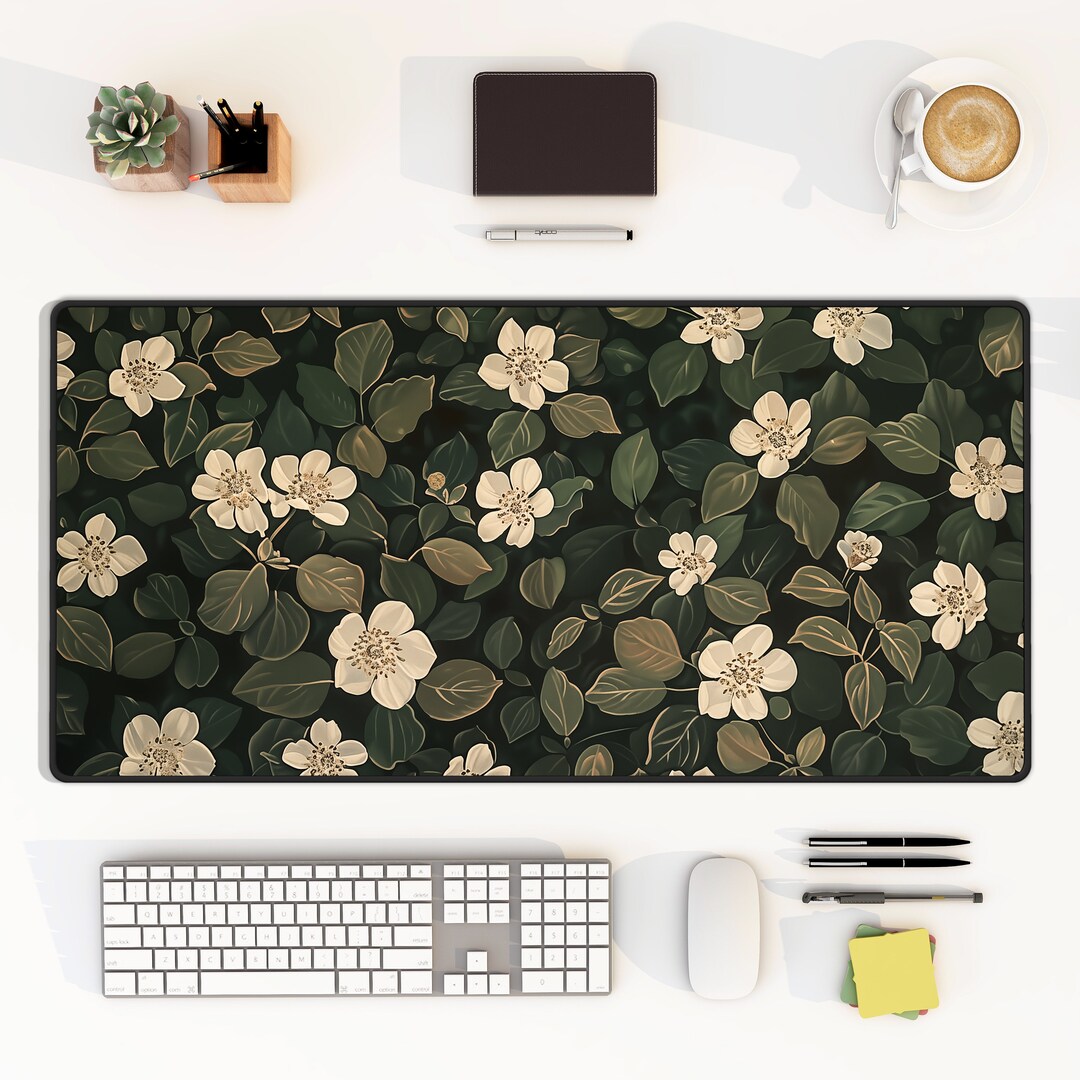 White Flowers on Green Leaves Desk Mat, Painting Aesthetic Large ...