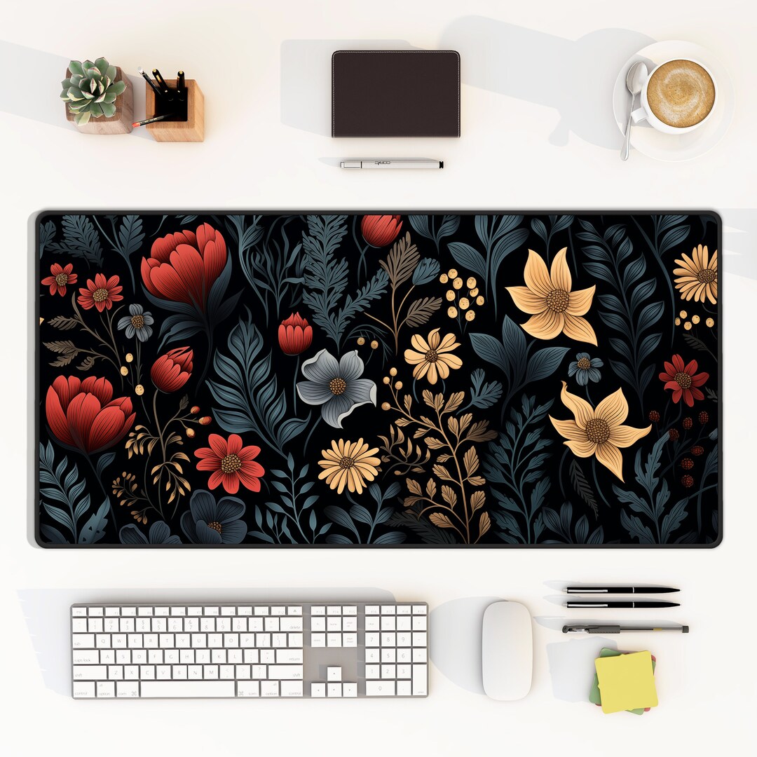 Dark Cottagecore Aesthetic Green, Red and Yellow Desk Mat, Floral ...
