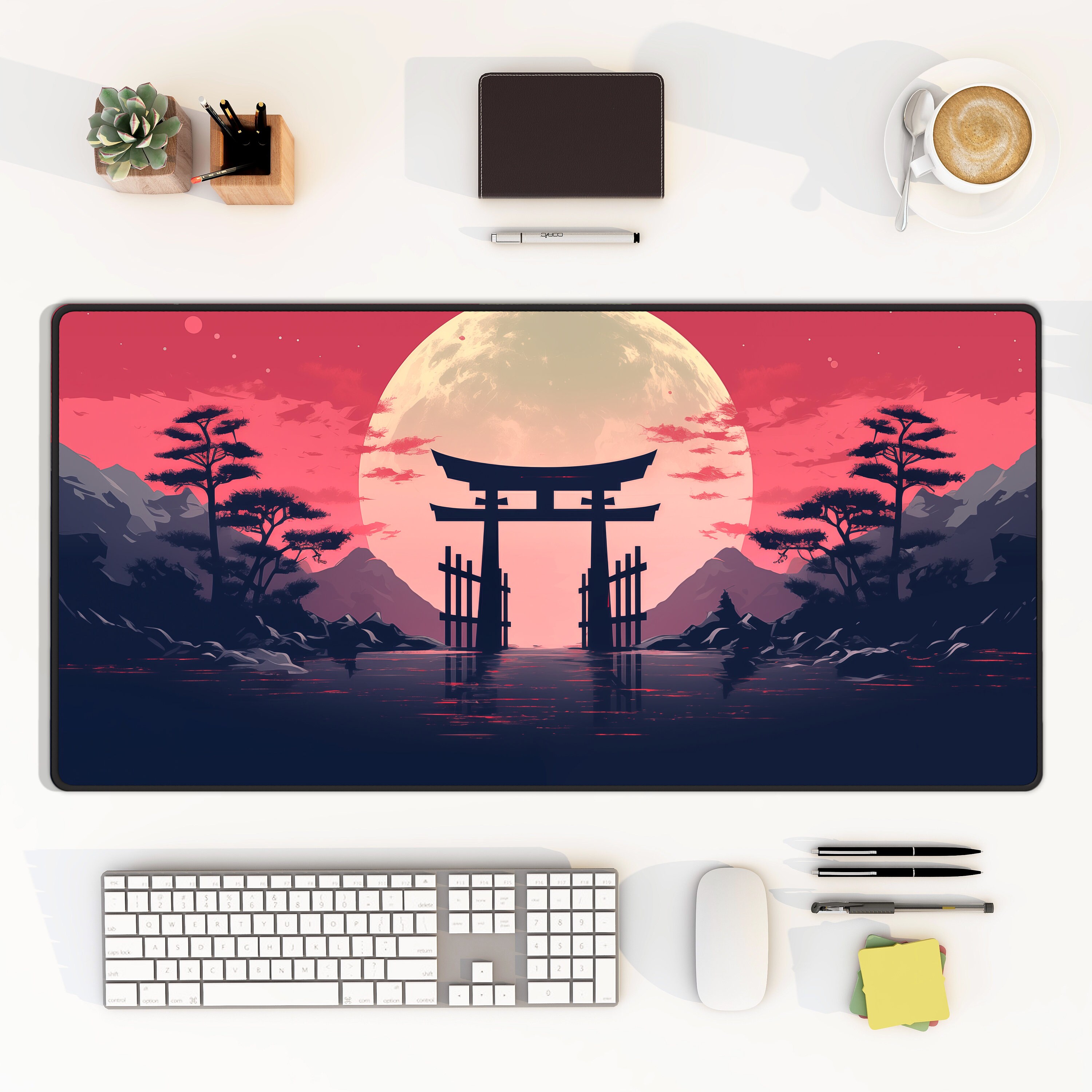Japanese Shinto Torii Gate Silhouette Desk Mat, Sunset Nature Aesthetic ...