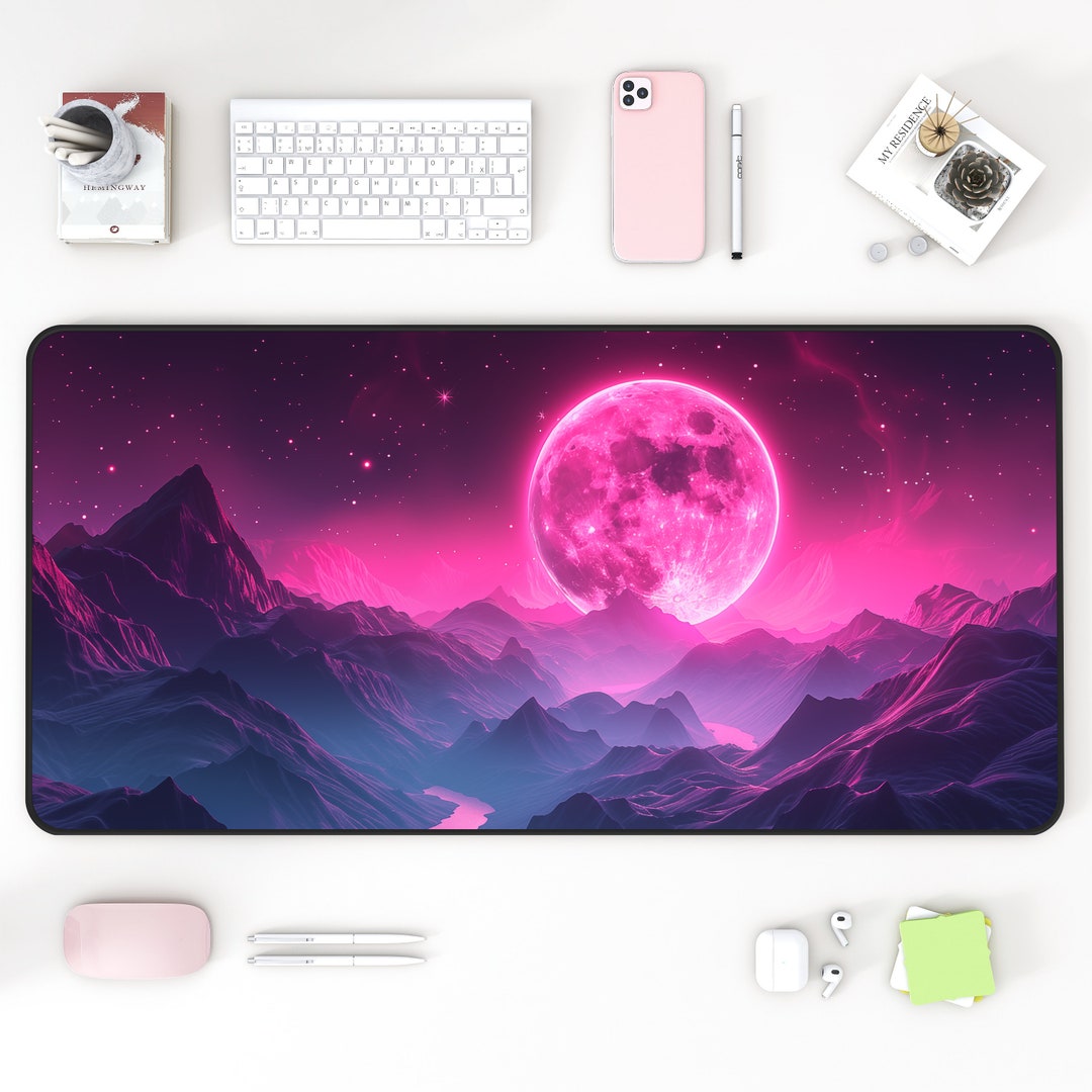 Desk Mat Pink Starry Moon Synthwave Style Landscape Keyboard Mouse Pad ...