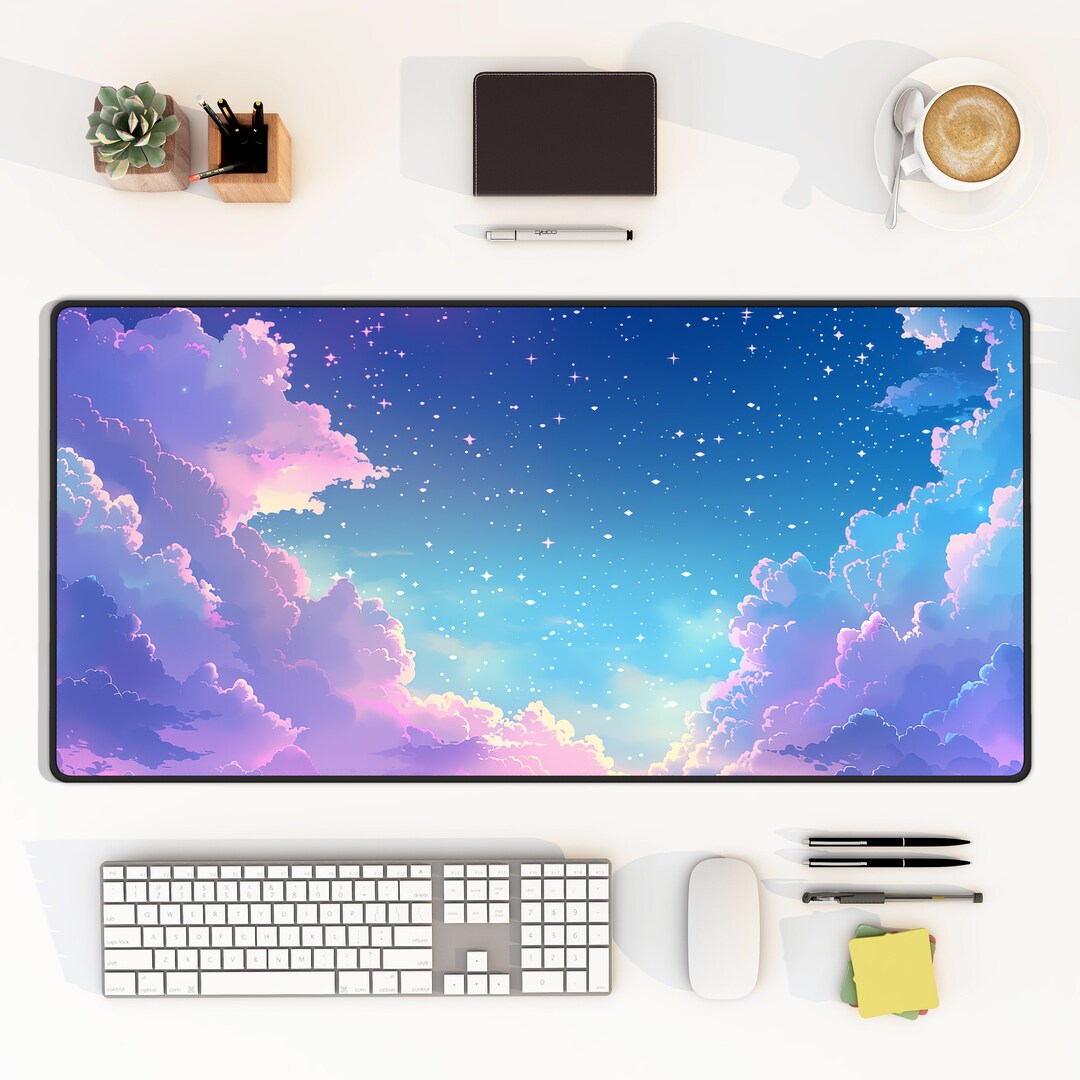 Soft Pastel Cloud Desk Mat Pink Glow Blue Starry Sky Keyboard Mouse Pad ...