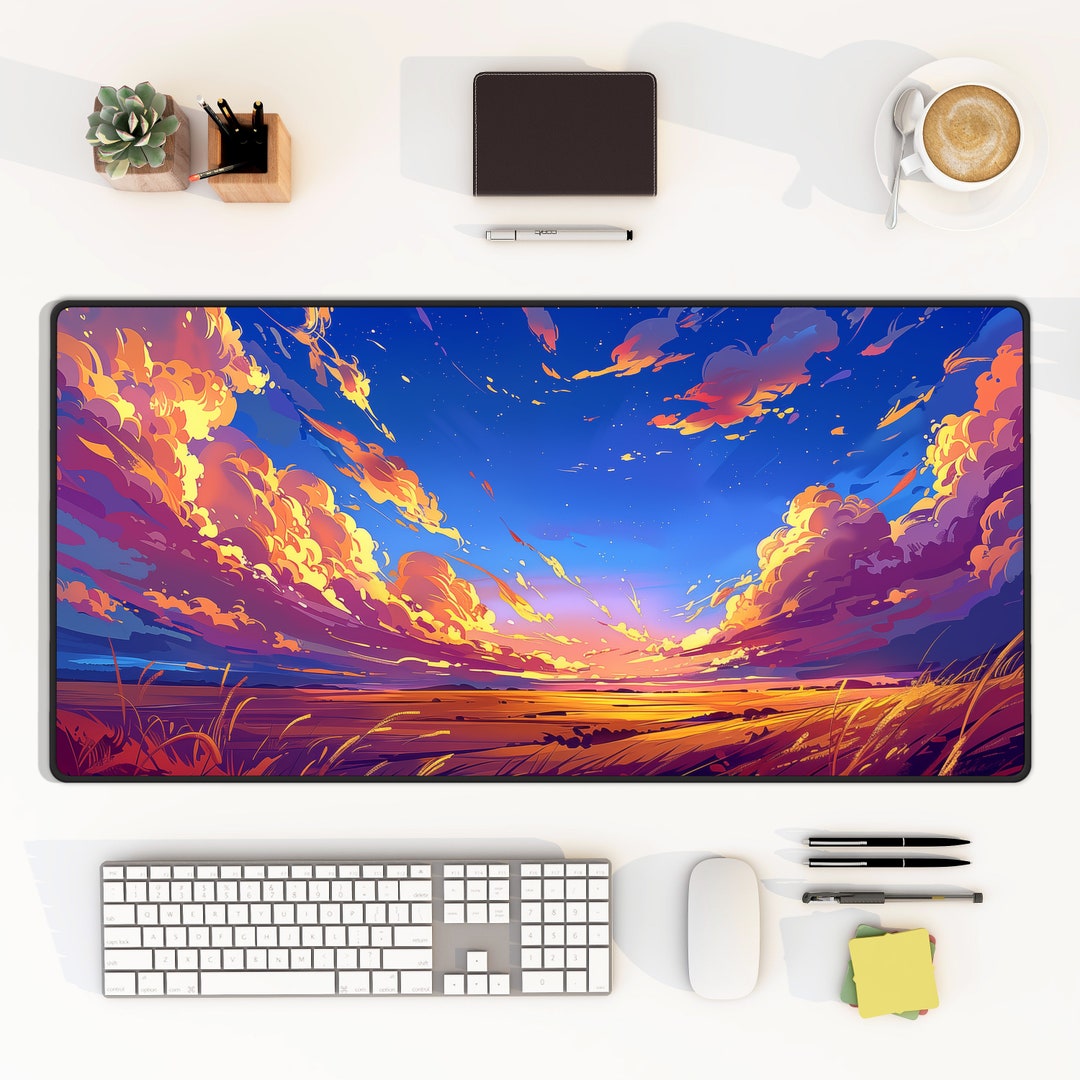 Cute Anime Desk Mat Sunset Clouds in Beautiful Field Keyboard Mouse Pad ...