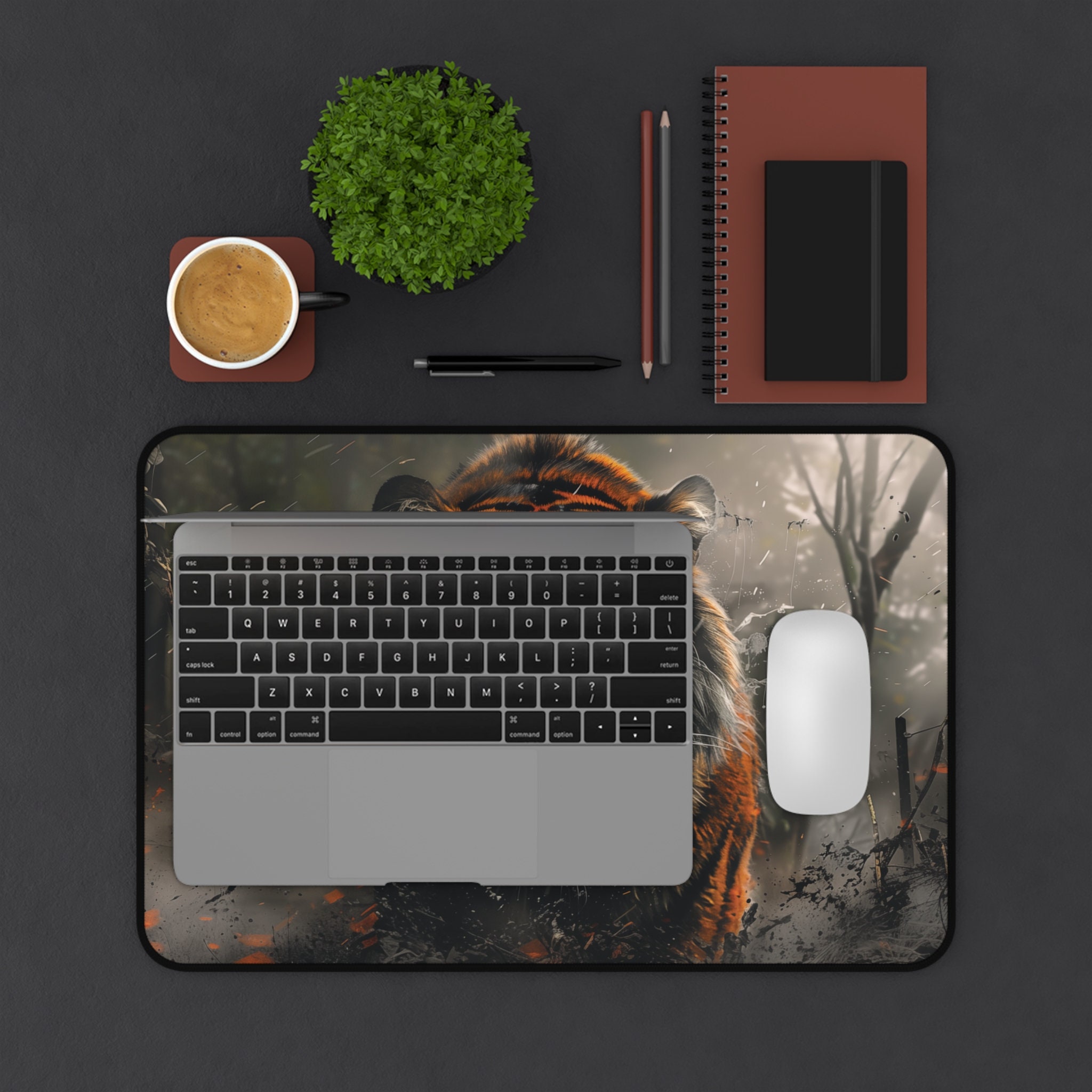 Angry Tiger in Chaotic Forest Desk Mat, Dark Nature Aesthetic Large ...