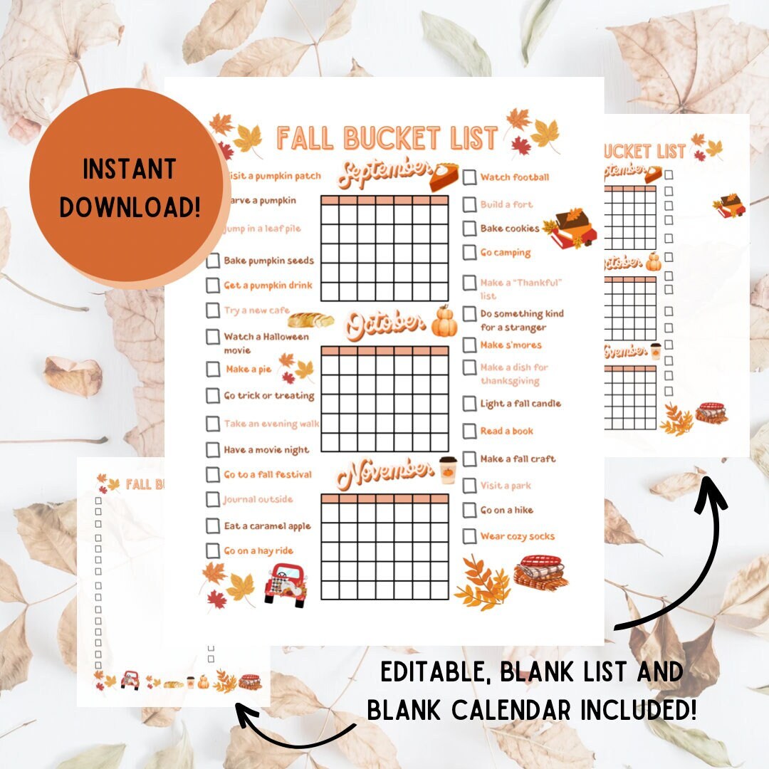 Fall Bucket List Printable Calendar Editable Checklist Fall - Etsy