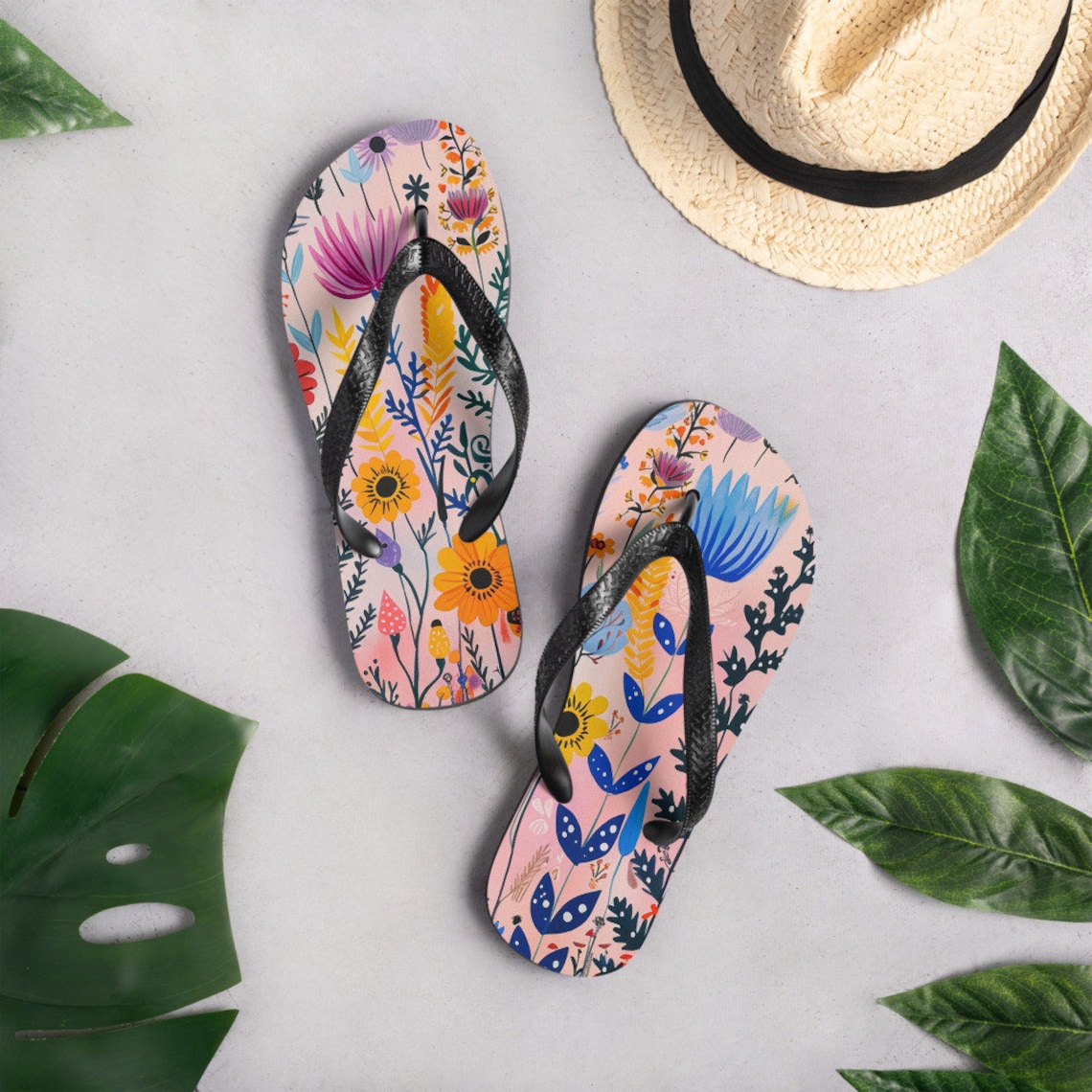 Pink Floral Sandals, Thong Flip Flops, Summer Sandals, Printed Sandals ...
