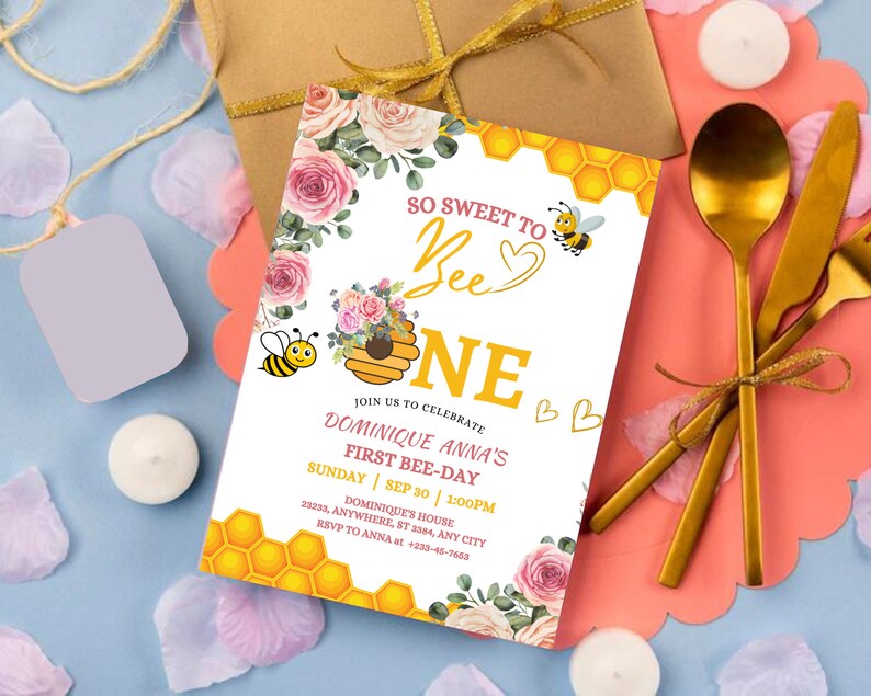 First Bee-day Party Invitation Template, Bee Birthday Invitation, White ...