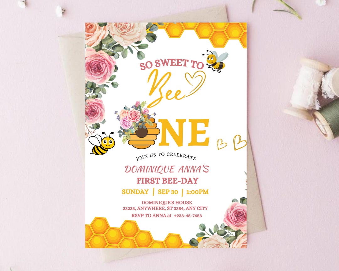 First Bee-day Party Invitation Template, Bee Birthday Invitation, White ...