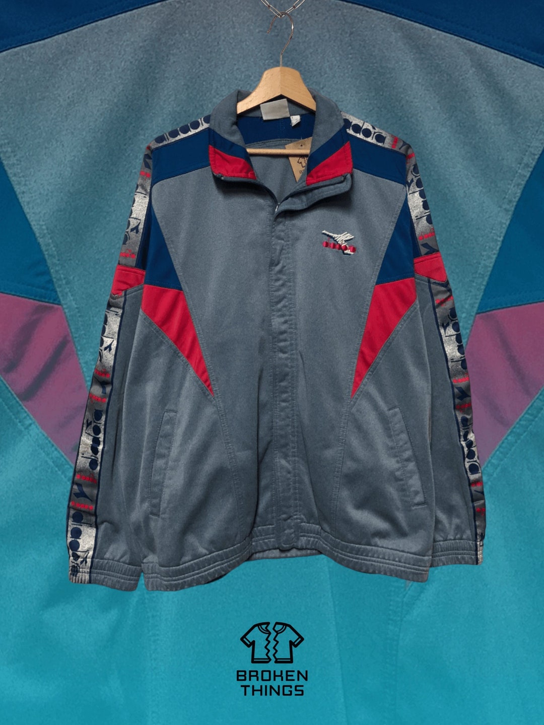 Vintage Diadora 90s Track Top Zip Stripes Retro Oldschool Neon L ...