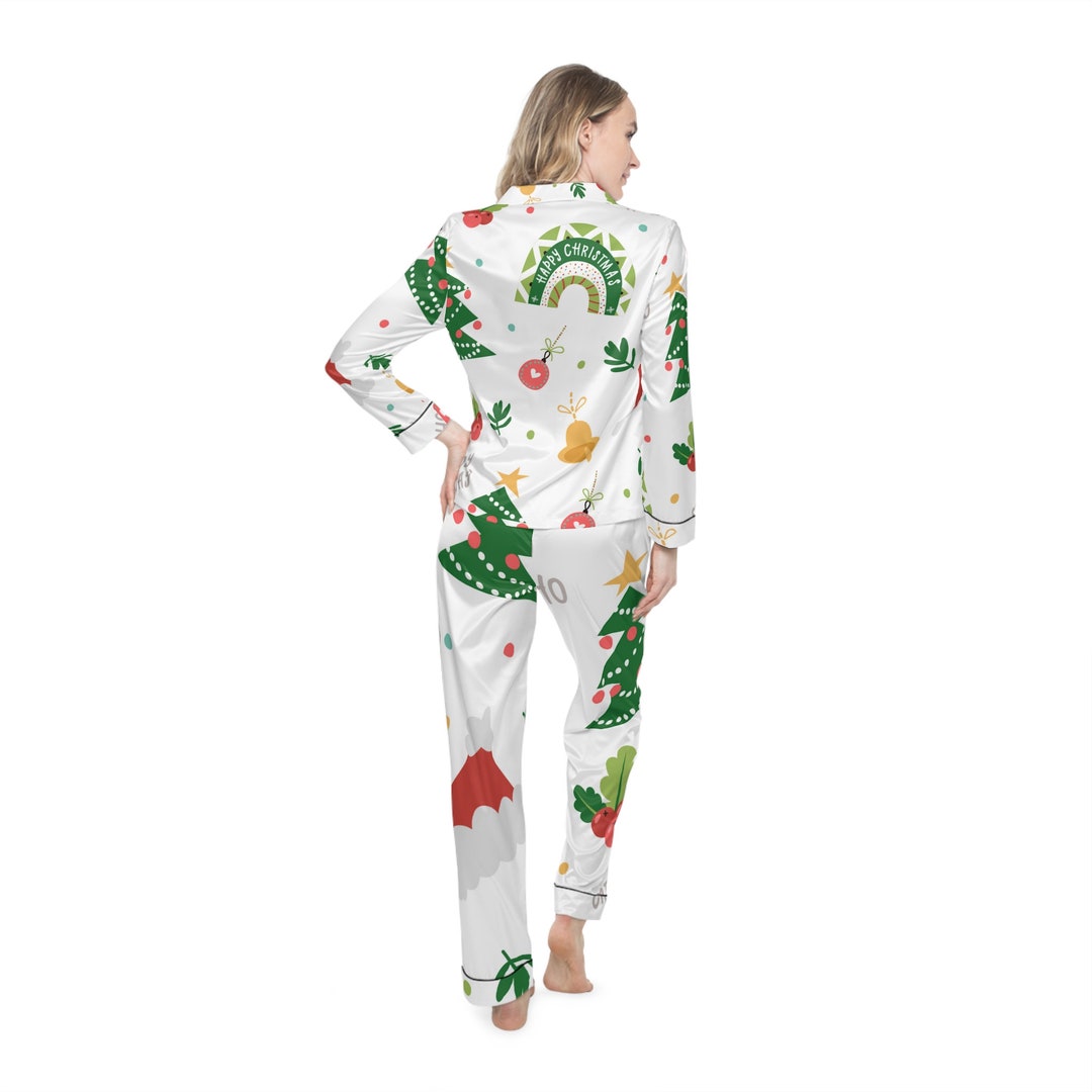 Women's Satin Pajamas Classic Christmas Button Down Long Satin Silk ...