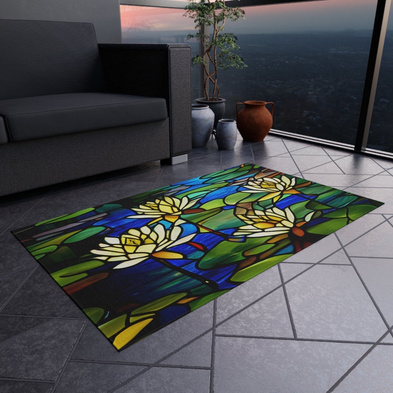 Water Lilies Outdoor Rug | Stained Glass Design | Unique Patio Carpet ...