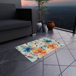 Watercolor Wildflowers Outdoor Rug | Colorful Abstract Floral Patio ...