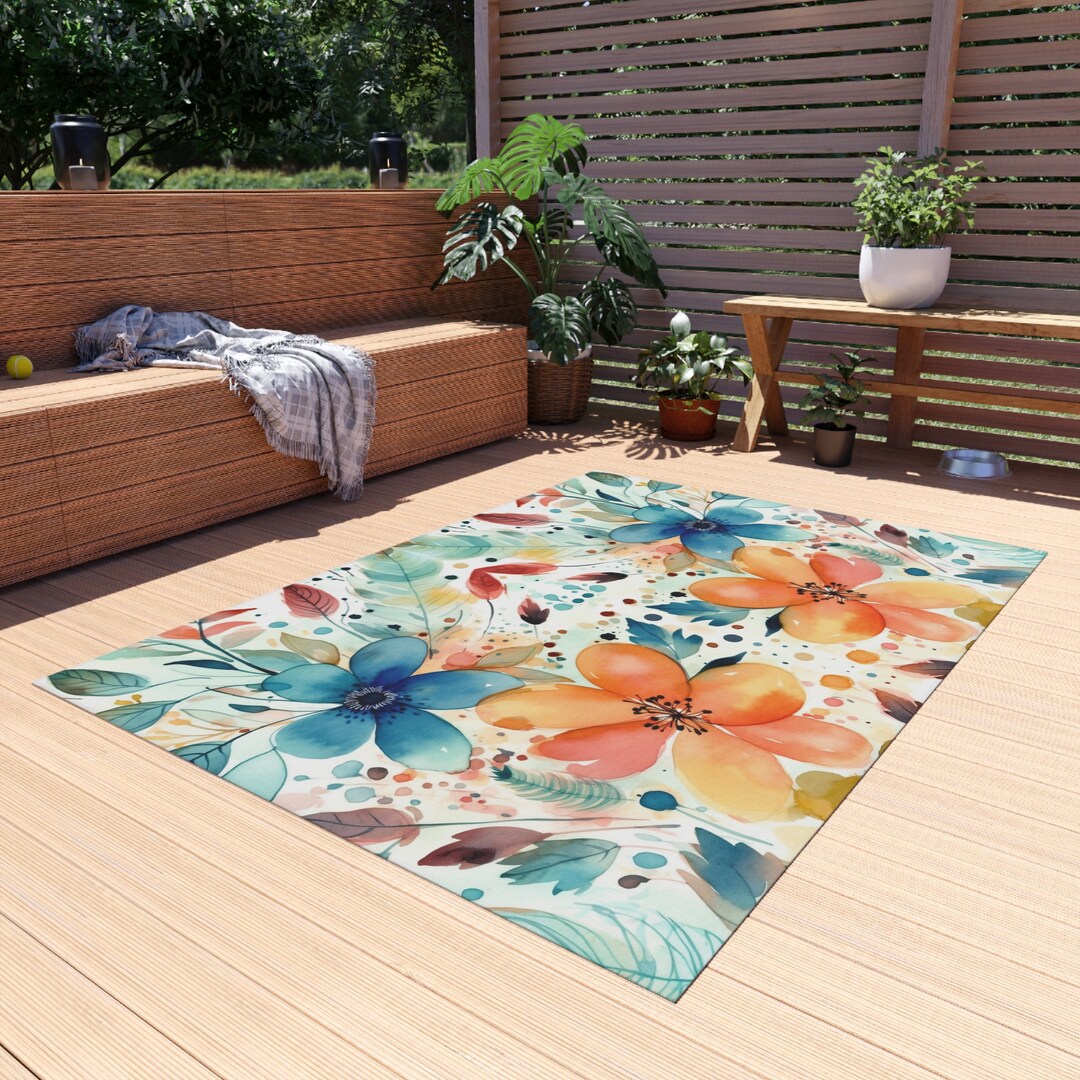 Watercolor Wildflowers Outdoor Rug | Colorful Abstract Floral Patio ...