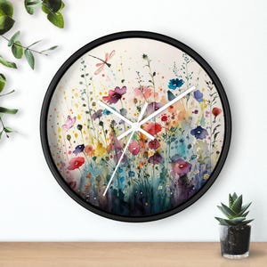 Watercolor Wildflowers Wall Clock | 3 Frame Choices | Floral Home Decor ...