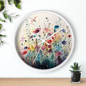 Watercolor Wildflowers Wall Clock | 3 Frame Choices | Floral Home Decor ...