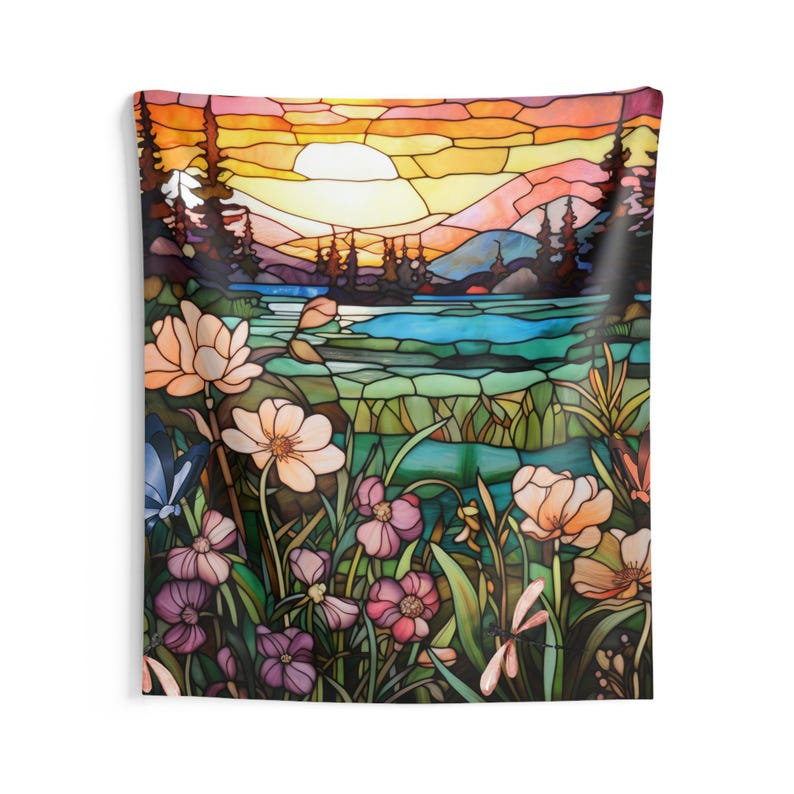 Wildflower Forest Meadow Sunset Tapestry | Stained Glass Design ...