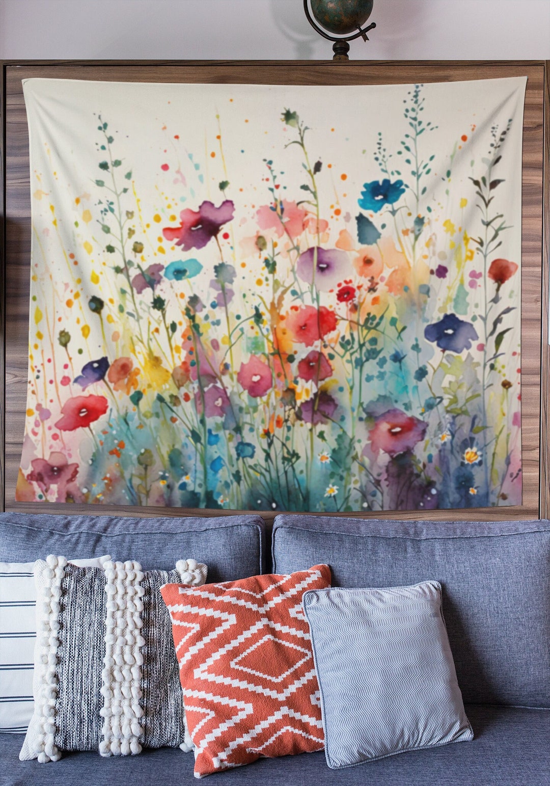 Watercolor Wildflowers Tapestry Colorful Floral Fabric Wall Hanging ...