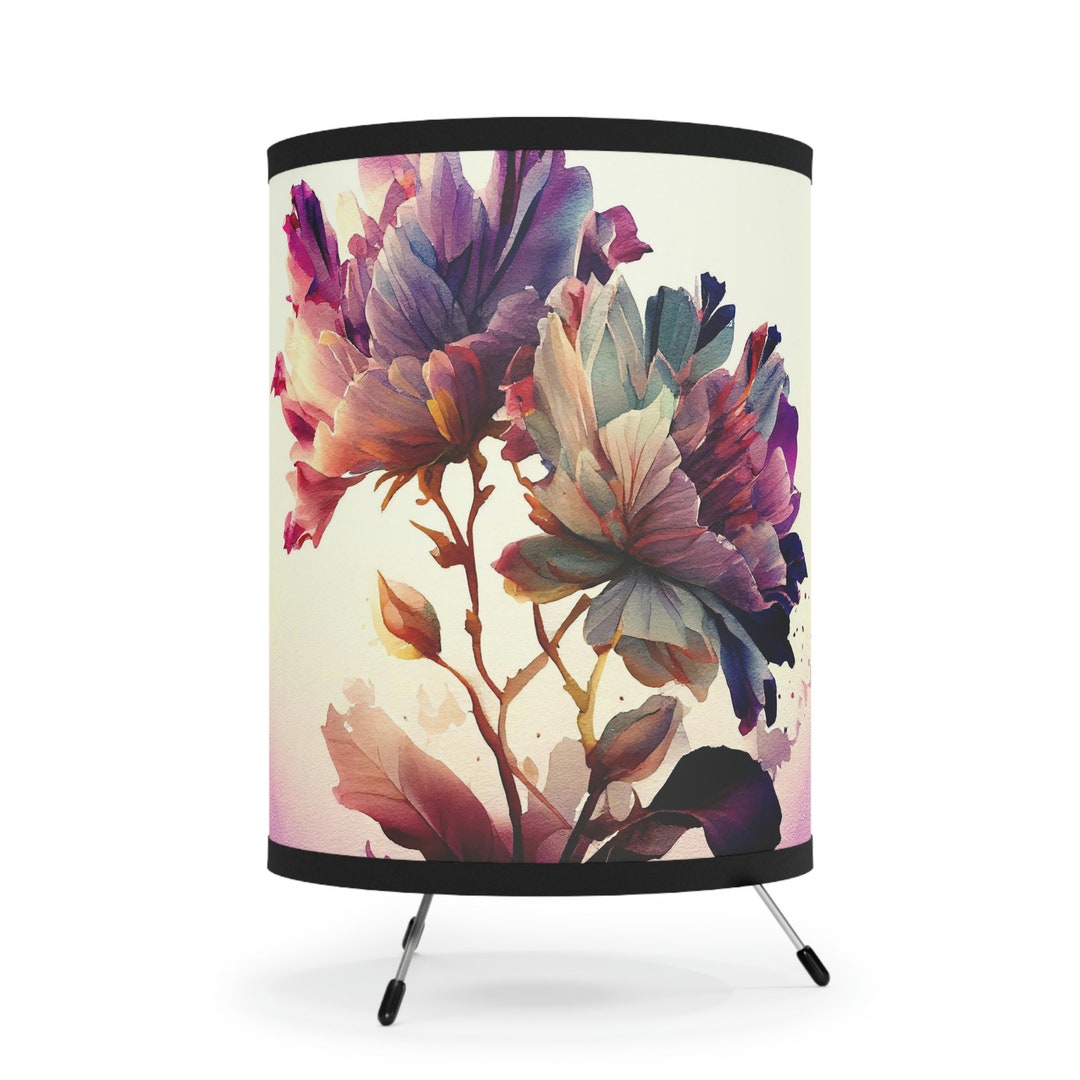 Watercolor Floral Tripod Lamp US/CAN Plug Desk Tabletop Accent Lamp ...