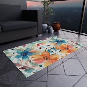 Watercolor Wildflowers Outdoor Rug | Colorful Abstract Floral Patio ...