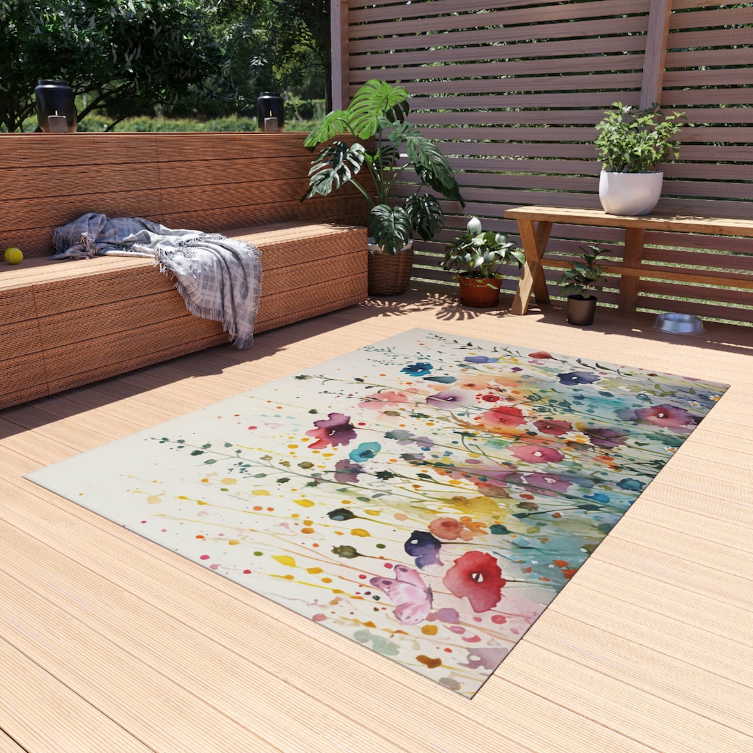 Wildflowers Outdoor Rug | Colorful Watercolor Floral Patio Carpet ...