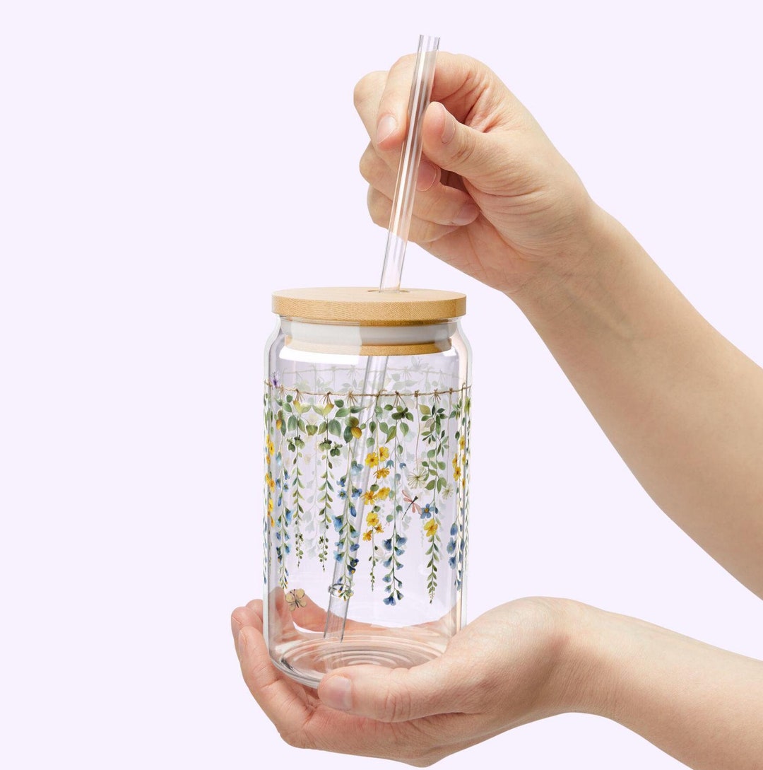 Sipper Glass W Lid & Straw | Spring Flowers Drinking Tumbler | Floral ...