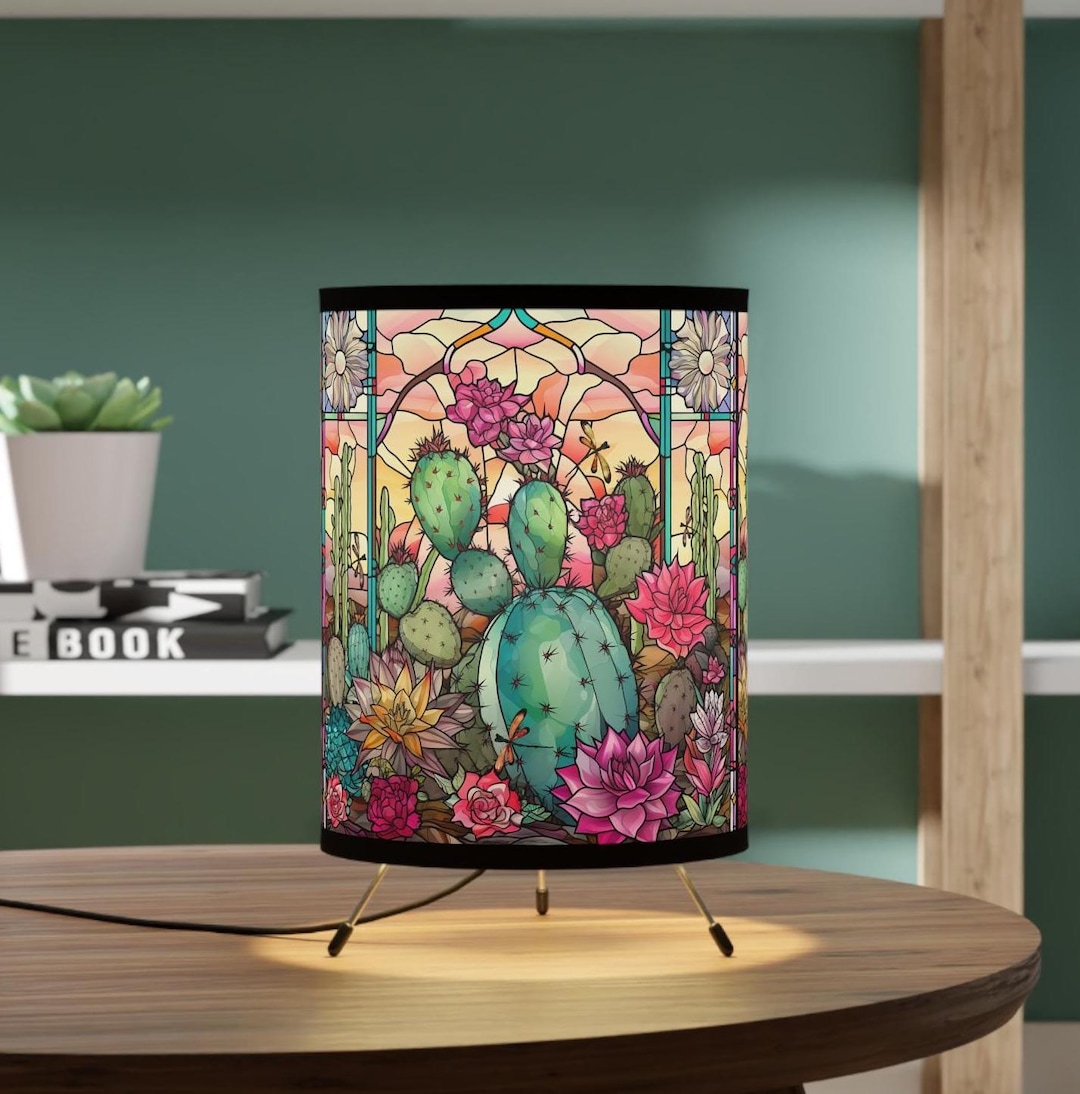 SW Desert Floral Cactus Desk Table Lamp | Colorful Stained Glass Effect ...