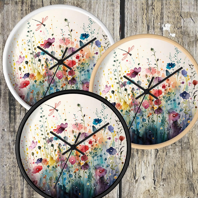 Watercolor Wildflowers Wall Clock | 3 Frame Choices | Floral Home Decor ...