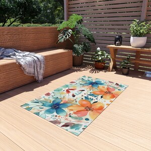 Watercolor Wildflowers Outdoor Rug | Colorful Abstract Floral Patio ...