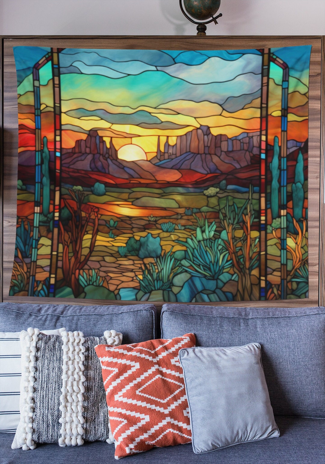 SW Desert Sunset Tapestry Stained Glass Design Landscape Wall Hanging ...