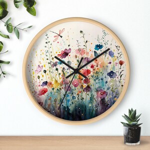 Watercolor Wildflowers Wall Clock | 3 Frame Choices | Floral Home Decor ...