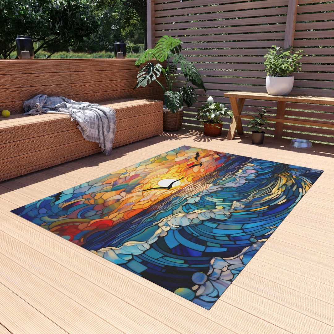 Ocean Beach Sunset Outdoor Rug | Stained Glass Design Unique Patio ...