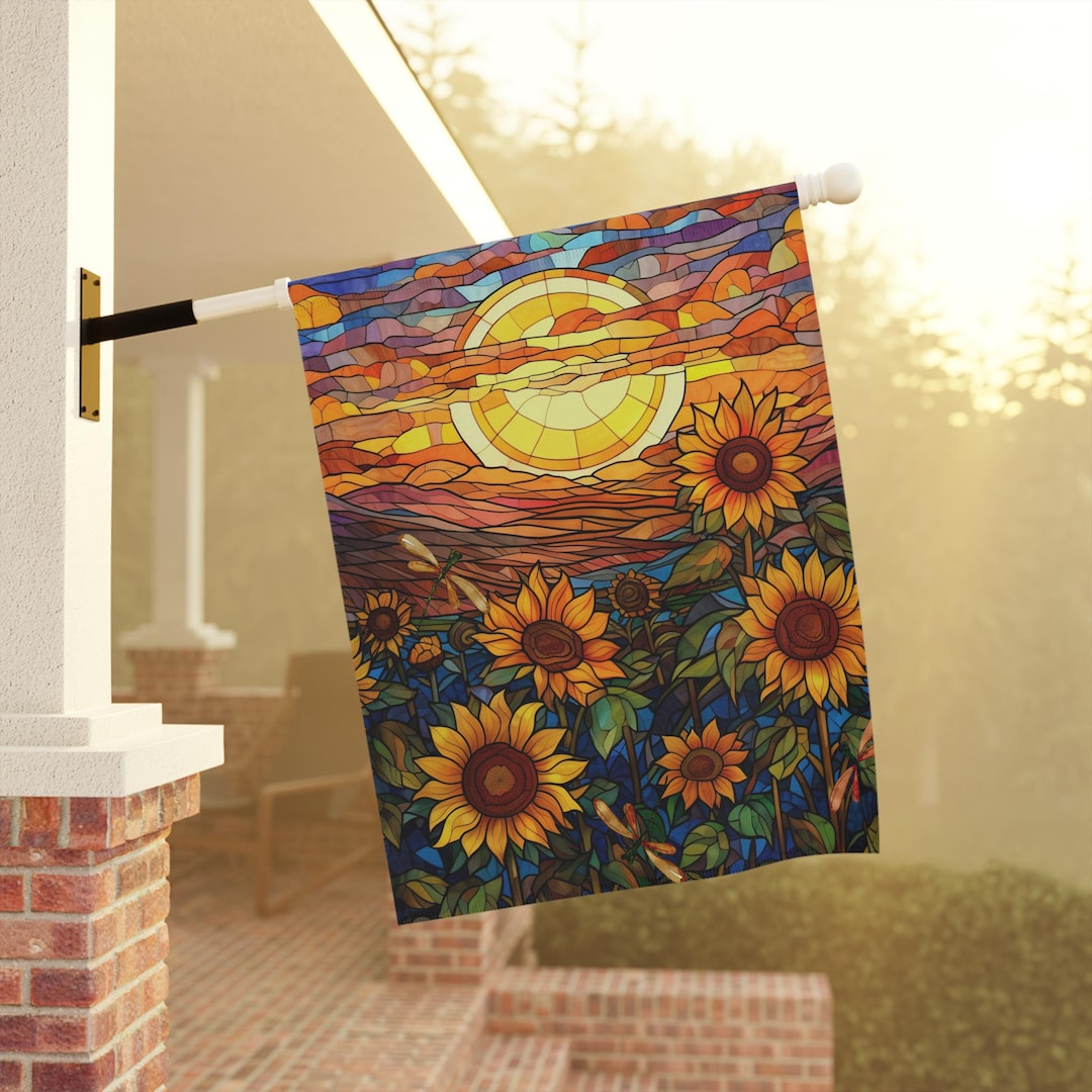 Garden & House Banner | Stained Glass Design Sunflower Field Sunset ...