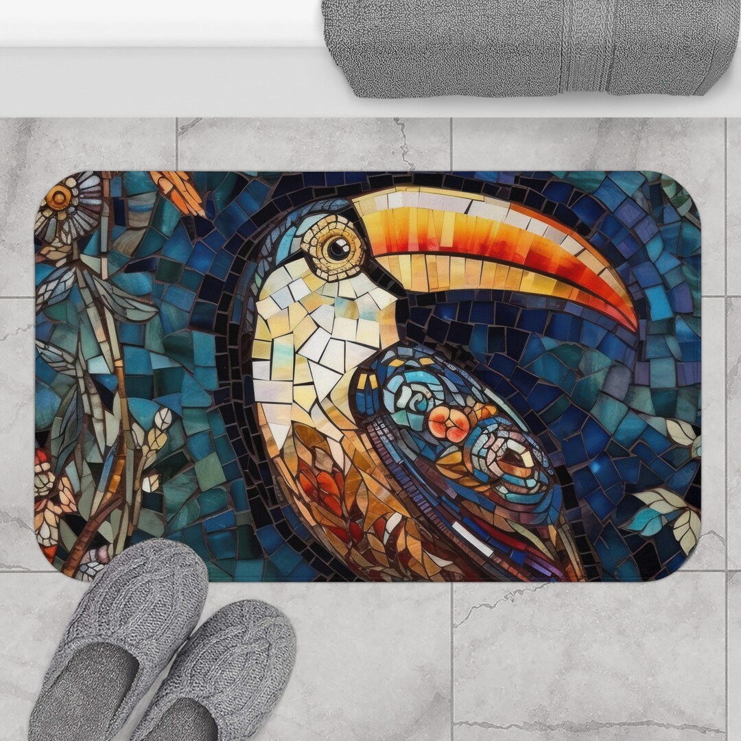 Tropical Toucan Mosaic Bath Mat Colorful Stained Glass Design Bathroom ...