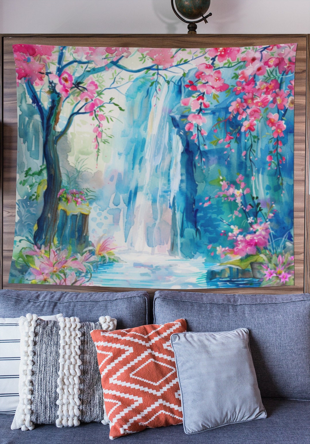 Spring Garden Waterfall Tapestry Pink Blossoms Floral Watercolor Fabric ...