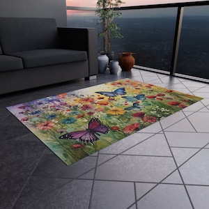 Watercolor Wildflowers Butterflies Outdoor Rug Colorful Floral Patio ...