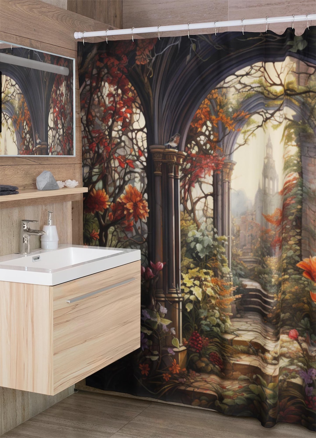 English Garden Courtyard Shower Curtain | Bathroom Décor | Scenic ...