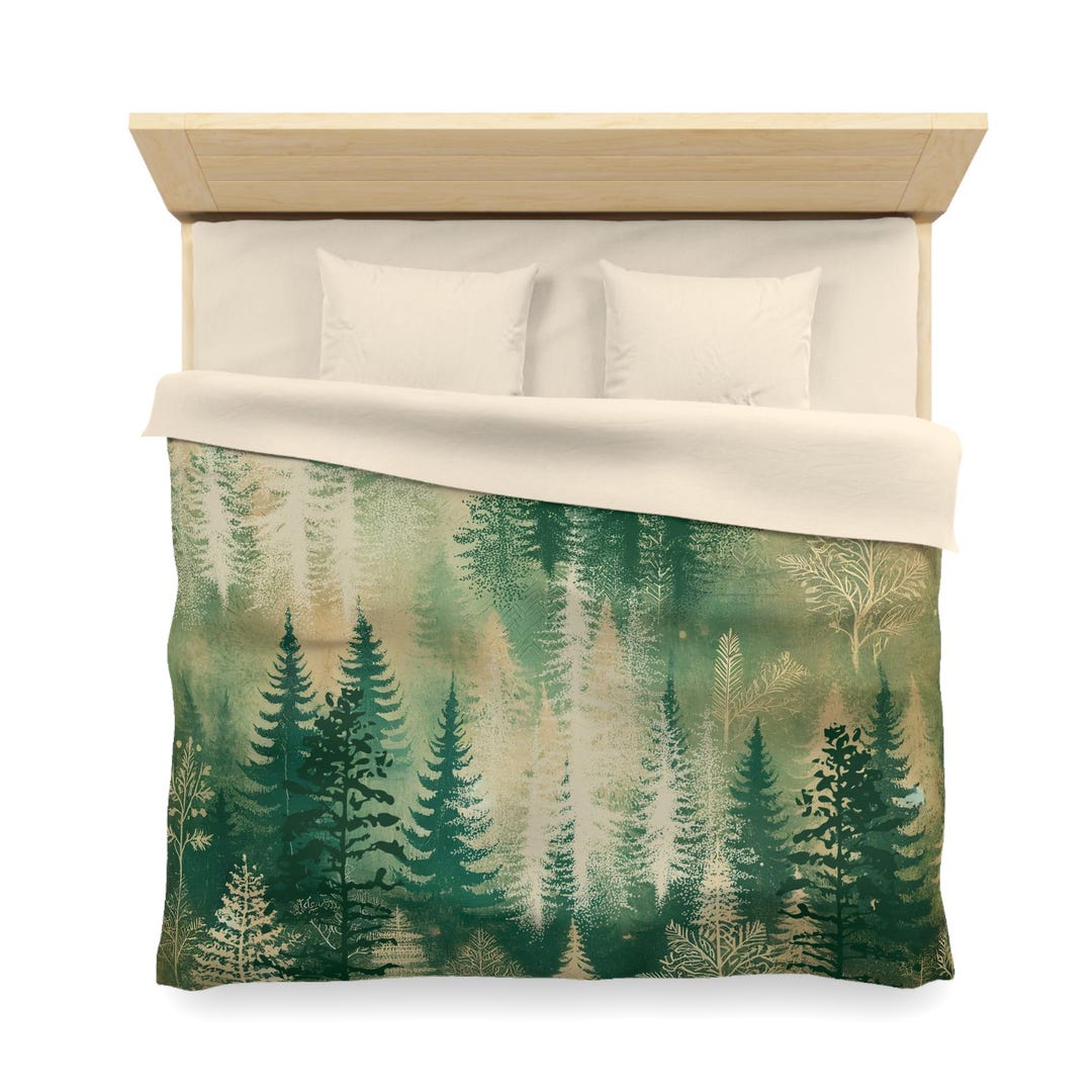 Forest Trees Artistic Duvet Cover | Green Beige King Queen Twin XL ...
