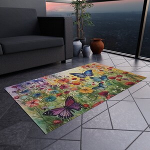 Watercolor Wildflowers Butterflies Outdoor Rug Colorful Floral Patio ...