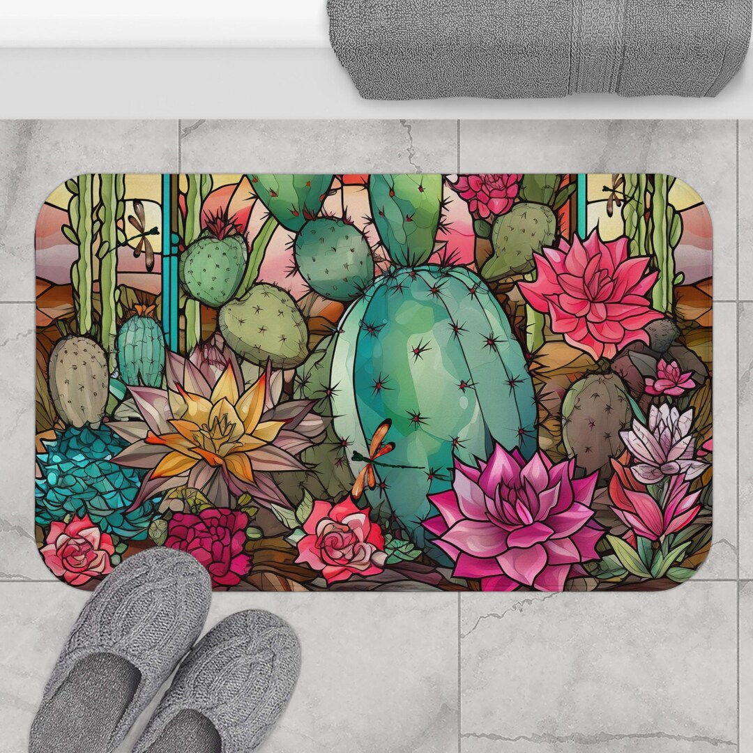 SW Desert Cactus Floral Stained Glass Effect Bath Mat | Colorful ...