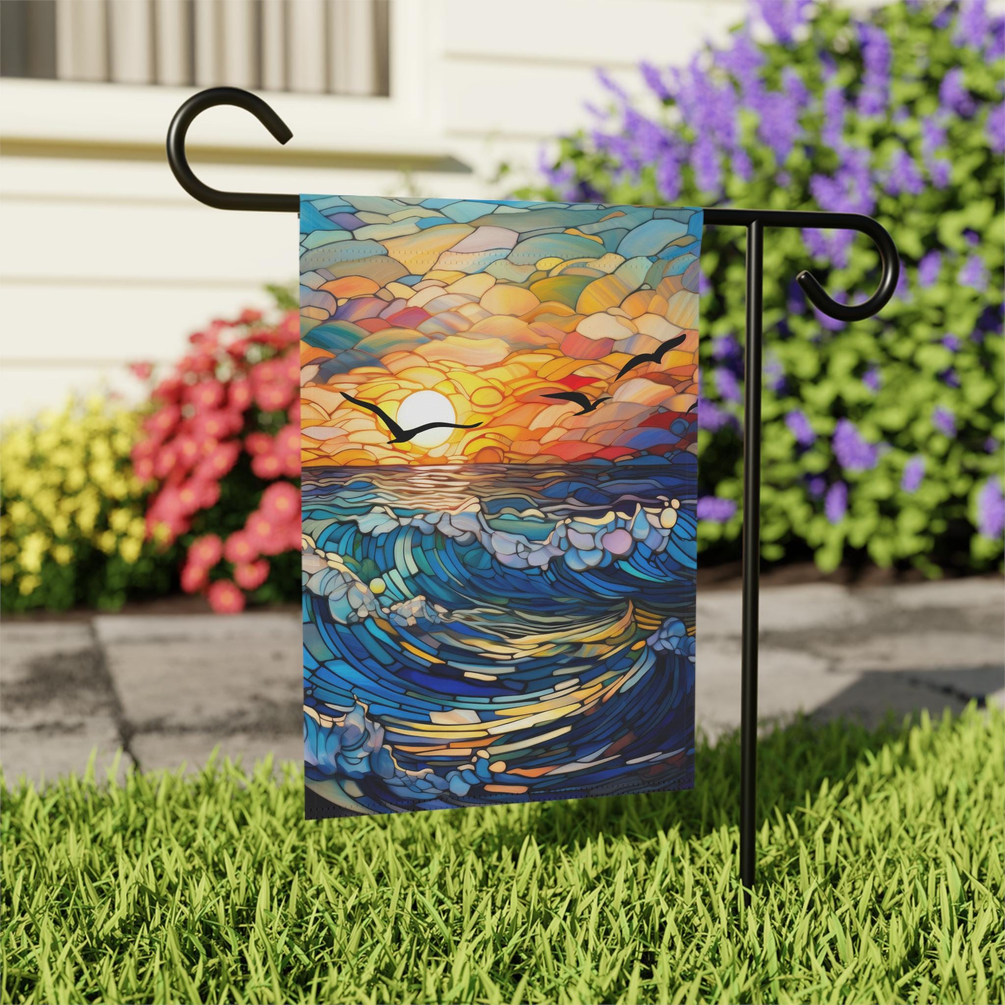 Garden & House Banner | Stained Glass Design | Ocean Beach Sunset ...