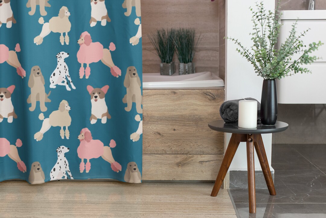 Puppy Dog Shower Curtain Colorful Kids Bathroom Décor Blue Pink Tan ...
