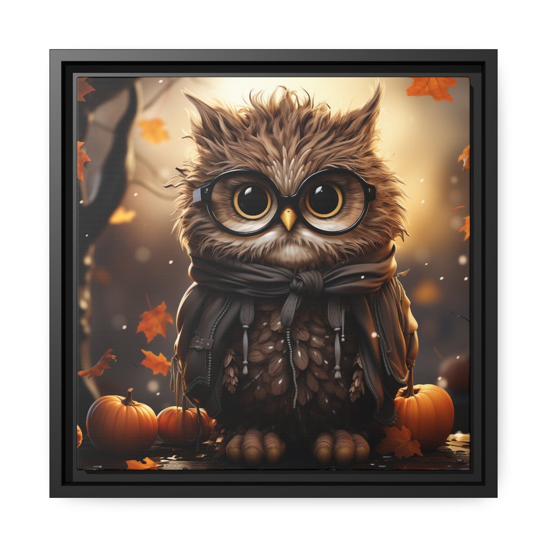 Cute Fall Owl Square Framed Canvas Wall Hanging Halloween Decorations ...