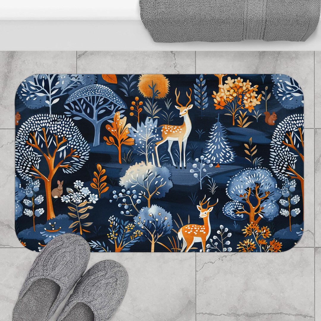 Winter Wonderland Woodland Animal Bath Mat | Blue Orange Maximalist ...