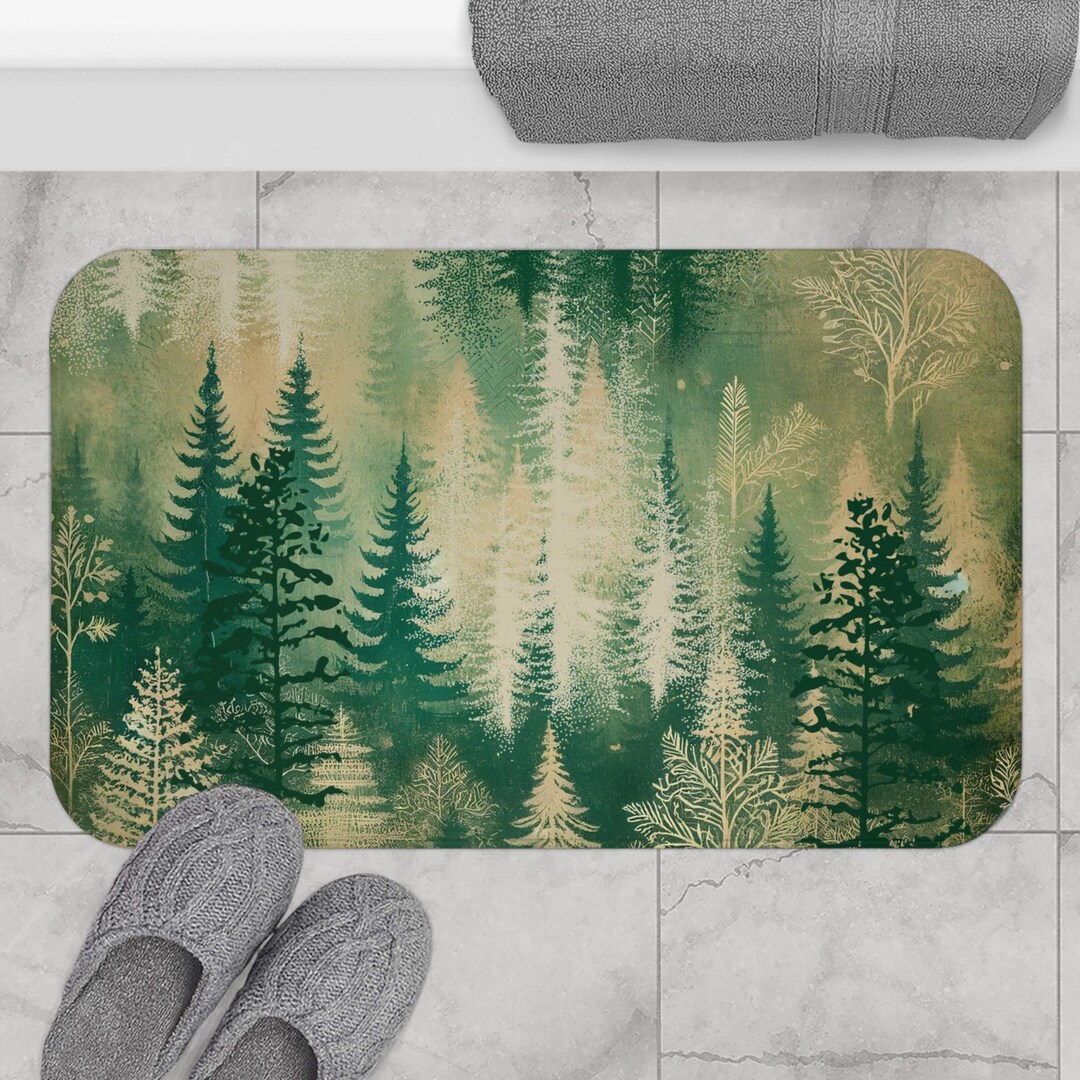 Maximal Forest Trees Bath Mat - Green and Beige, Nature Peaceful ...