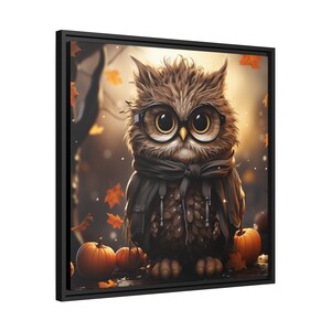Cute Fall Owl Square Framed Canvas Wall Hanging Halloween Decorations ...